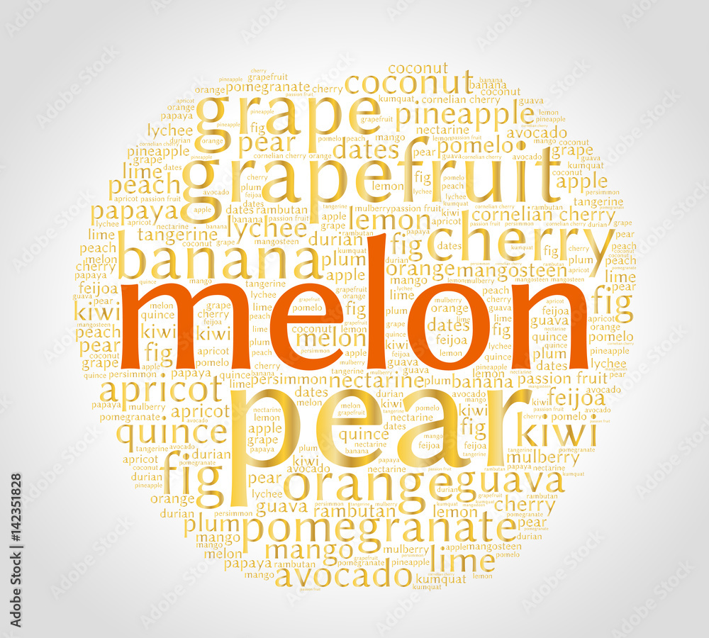 Melon. Word cloud in shape of fruit, grey gradient background. Natural ...