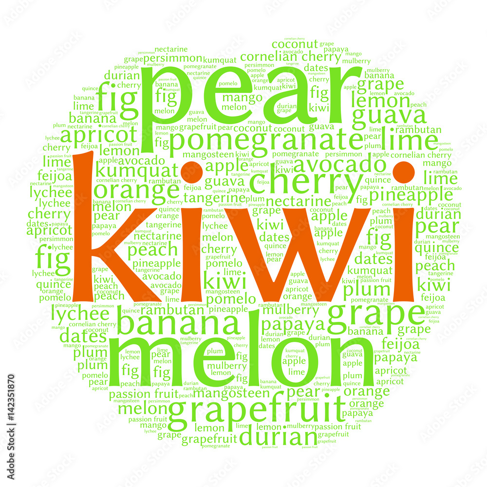 Kiwi. Word cloud in shape of fruit, white background. Natural food ...