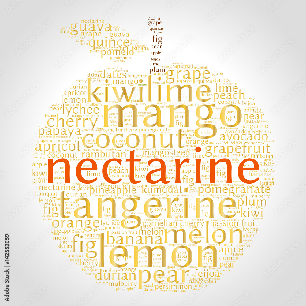 Nectarine. Word cloud in shape of fruit, grey gradient background ...