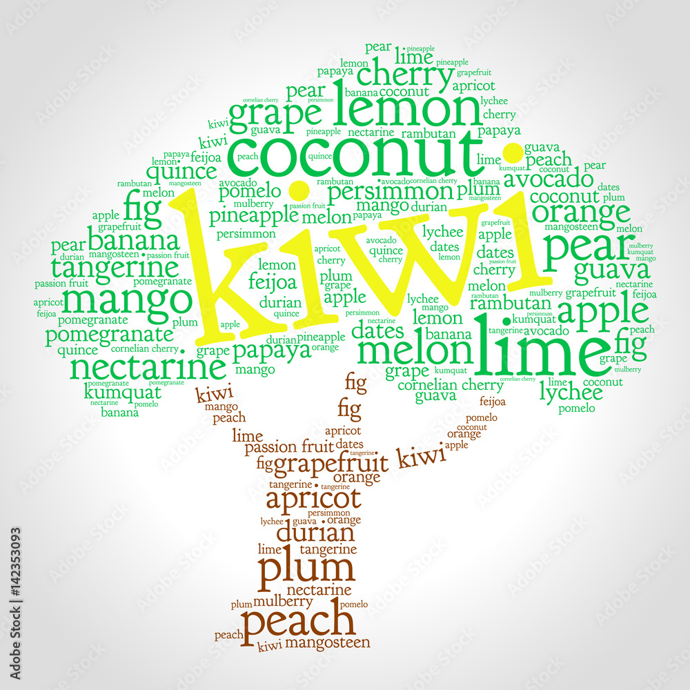 Kiwi. Word cloud in shape of tree, grey gradient background. Fruit ...