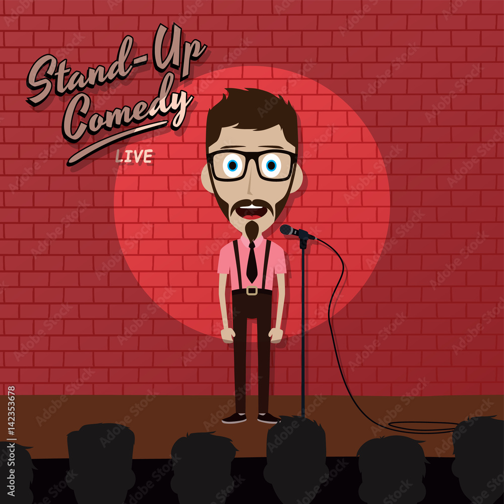 adult male stand up comedian cartoon character on red brick stage with ...
