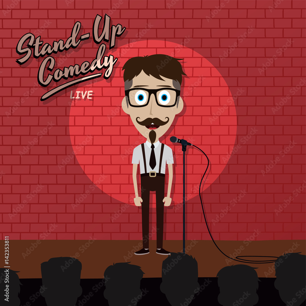 adult male stand up comedian cartoon character on red brick stage with ...