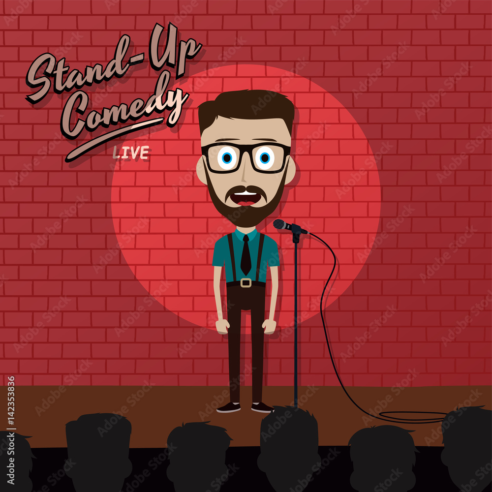 adult male stand up comedian cartoon character on red brick stage with ...