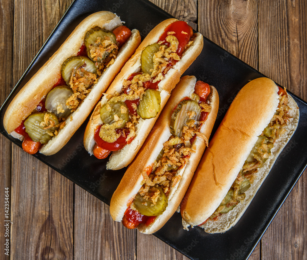 American hot dog with pickles,onions, ketchup and mustard Stock Photo ...