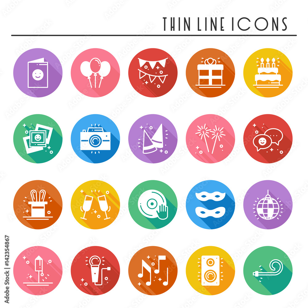 Party celebration thin line icons set. Birthday, holidays, event ...