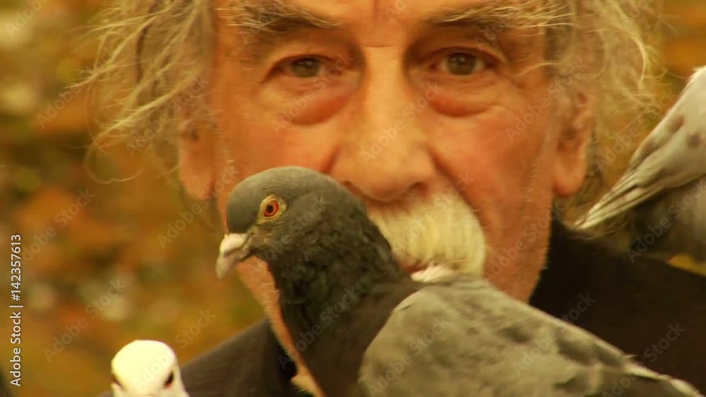 Paris, France - Circa June 2016- Older man covered by pigeons. Older ...