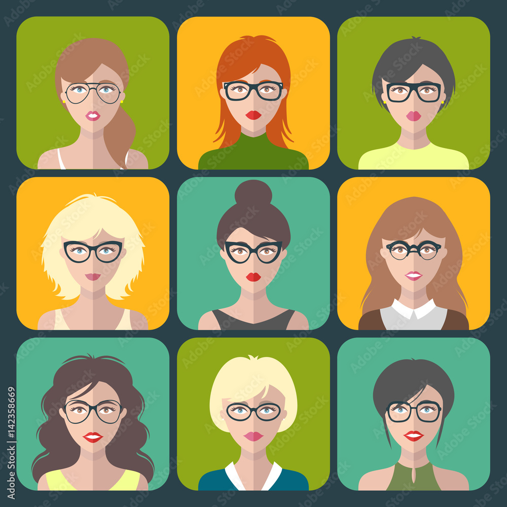 Vector set of different women app icons in glasses in flat style ...