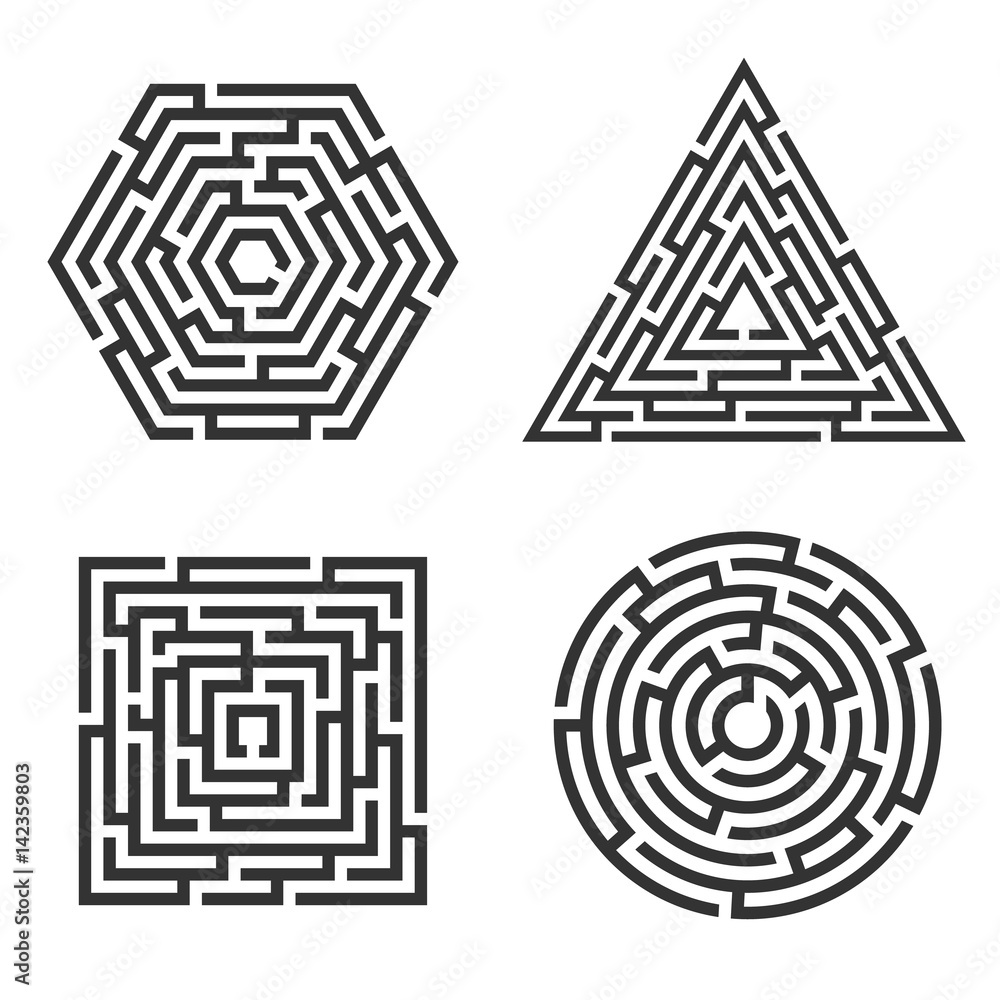Set of 4 maze - square, circle, triangle, hexagon icon. Business ...
