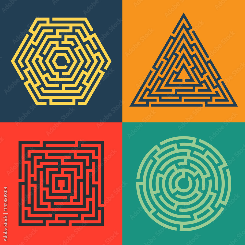 Set of 4 maze - square, circle, triangle, hexagon icon. Business ...