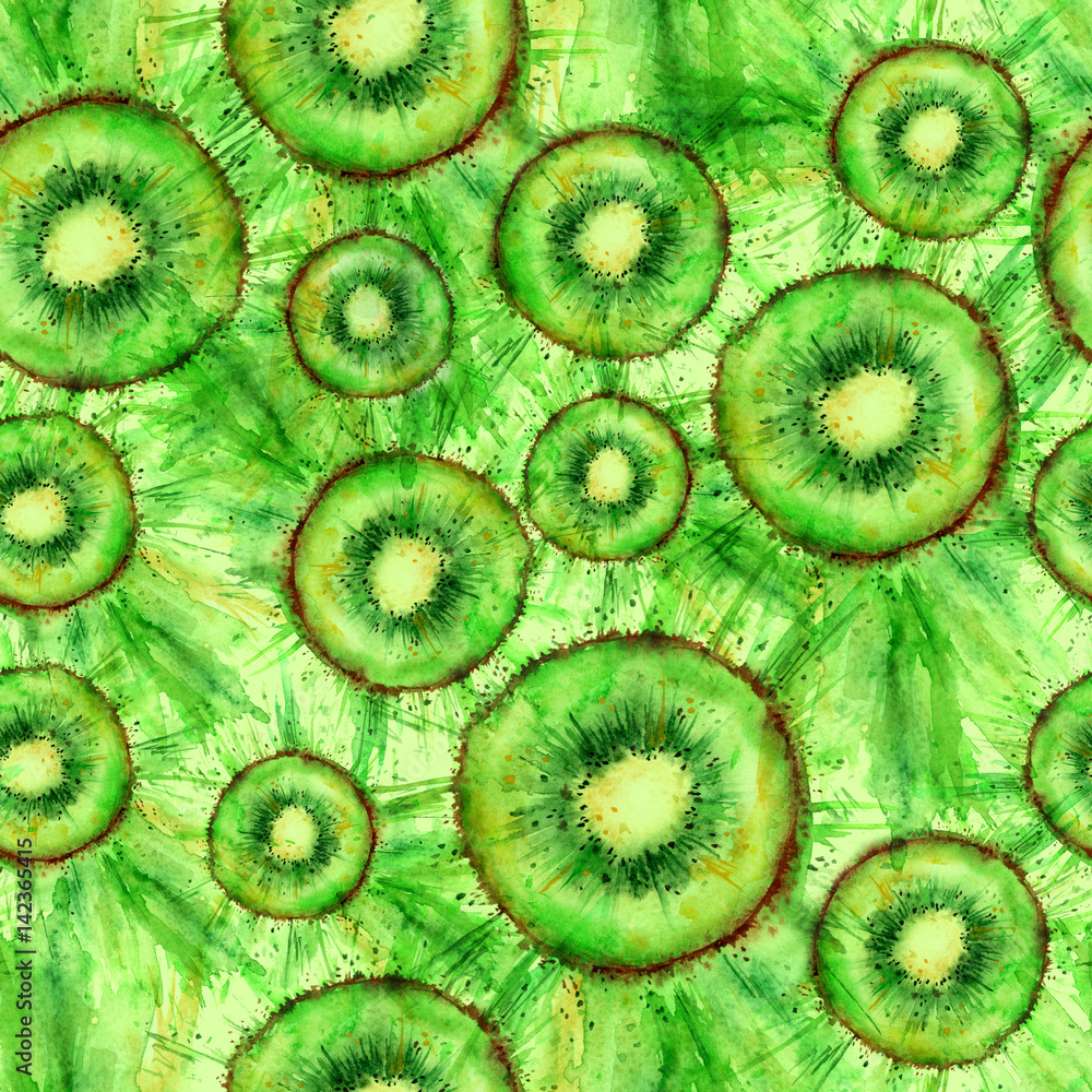 Vintage pattern with watercolors - kiwi fruit, spray, paint splash ...