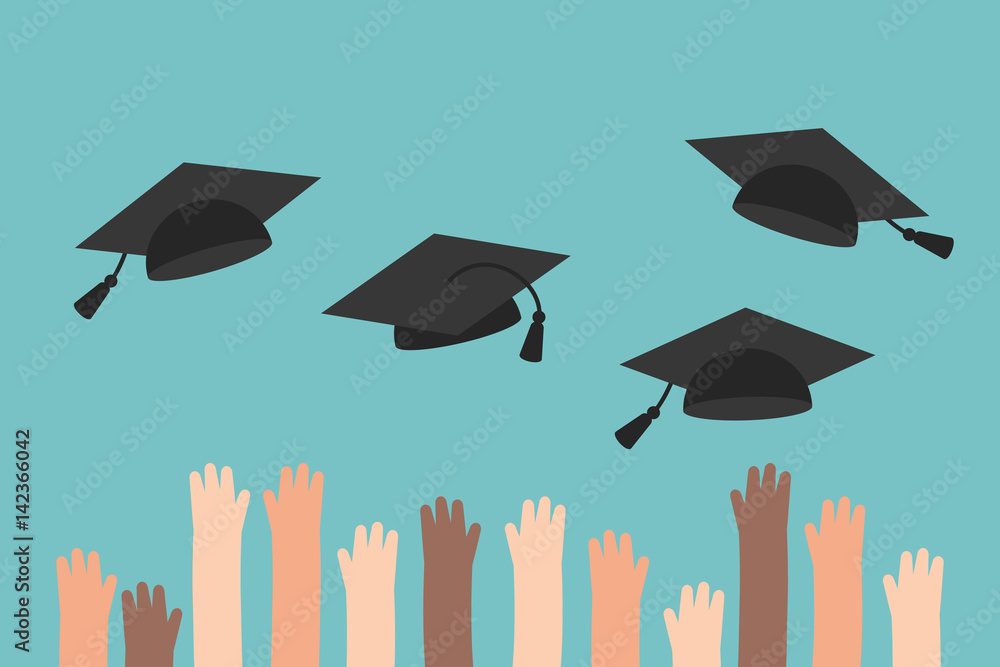 Graduation. Raising hands throwing up graduate hats / flat editable ...