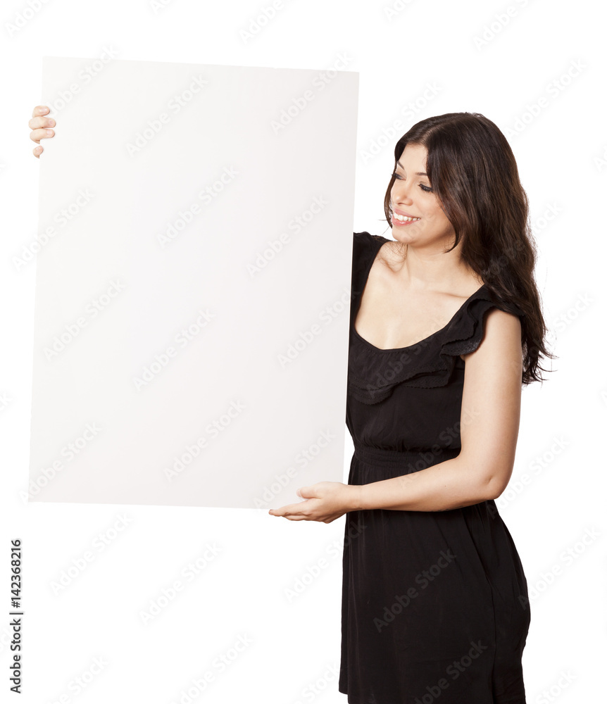 Isolated Happy Woman Holding Sign Stock Photo | Adobe Stock