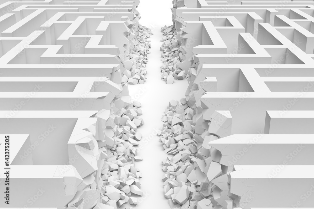3d rendering of a white maze in front bottom view cut in straight line ...