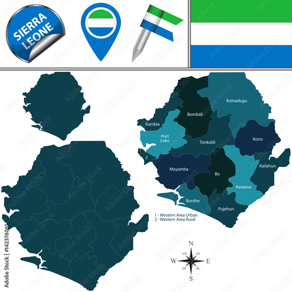 Map of Sierra Leone with Named Districts Stock Vector | Adobe Stock