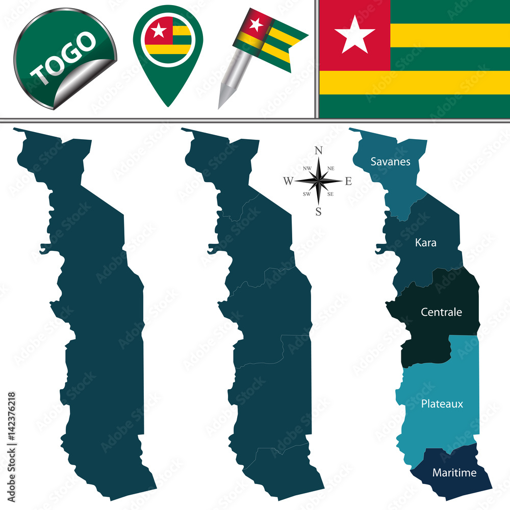 Map of Togo with Named Regions Stock Vector | Adobe Stock