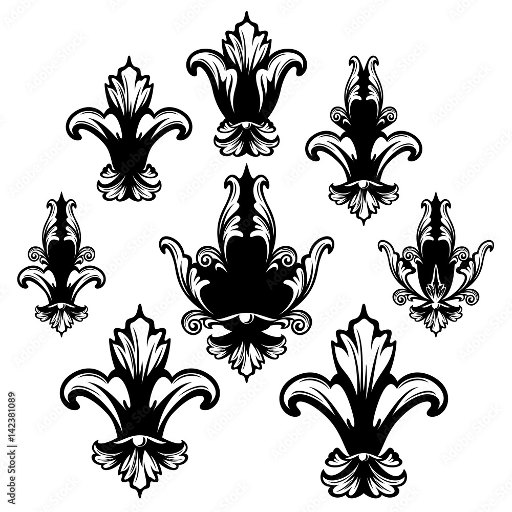 fleur de lis black and white vector hearldic design set Stock Vector ...