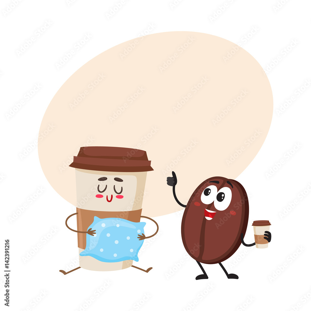 Funny coffee bean and sleepy paper cup characters, breakfast, morning ...