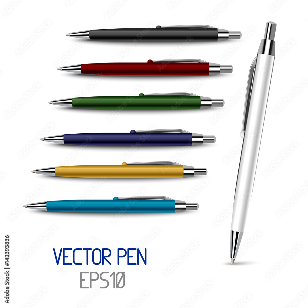 Set of seven luxurious black, red,blue,white,green, gold, business pens ...