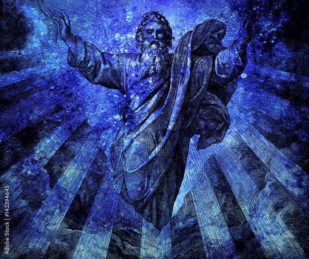 ภาพประกอบสต็อก God creator creating the world, graphic collage from ...