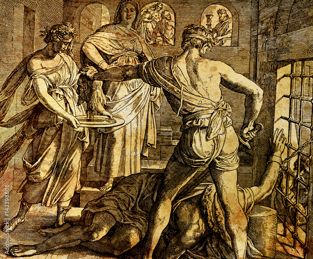 ภาพประกอบสต็อก Beheading of St. John the Baptist, graphic collage from ...