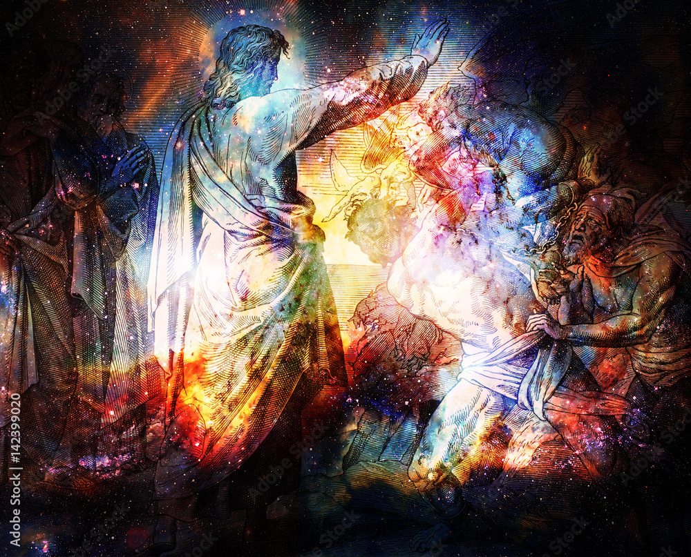 Jesus restores possesed man, graphic collage from engraving of ...