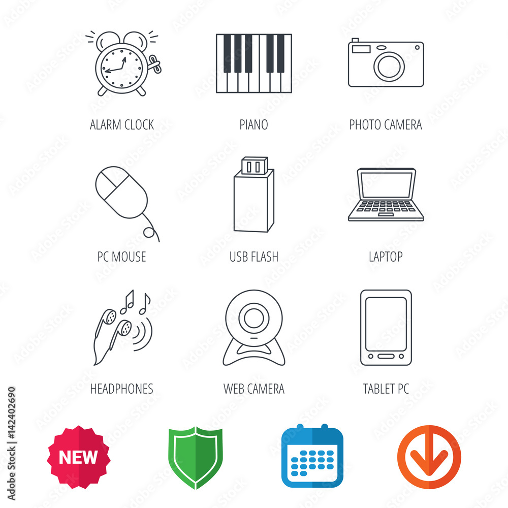 Photo camera, USB flash and notebook laptop icons. PC mouse, alarm ...