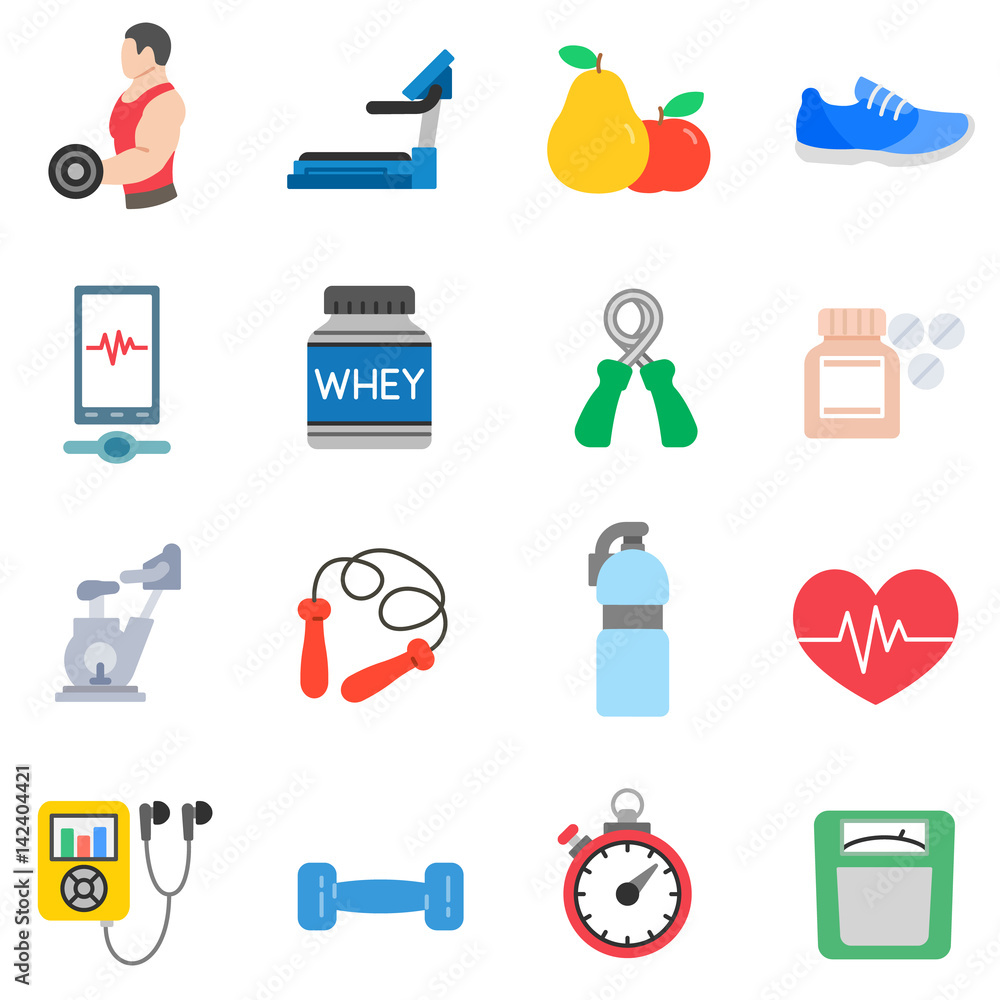 Physical activity, fitness icons set. Proper nutrition, exercise, flat ...