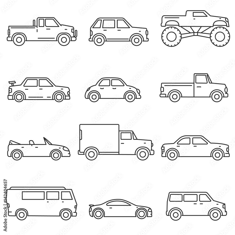 Cars, icons set. Means of transport, thin line design. Different types ...