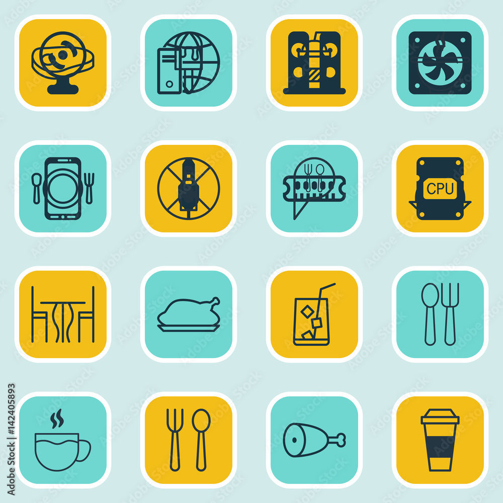 Set Of 16 Cafe Icons. Includes Dining, Tea, Lemon Juice And Other ...
