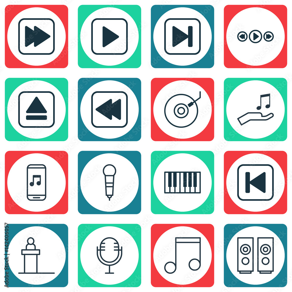 Set Of 16 Audio Icons. Includes Sound Box, Music Control, Start Song ...