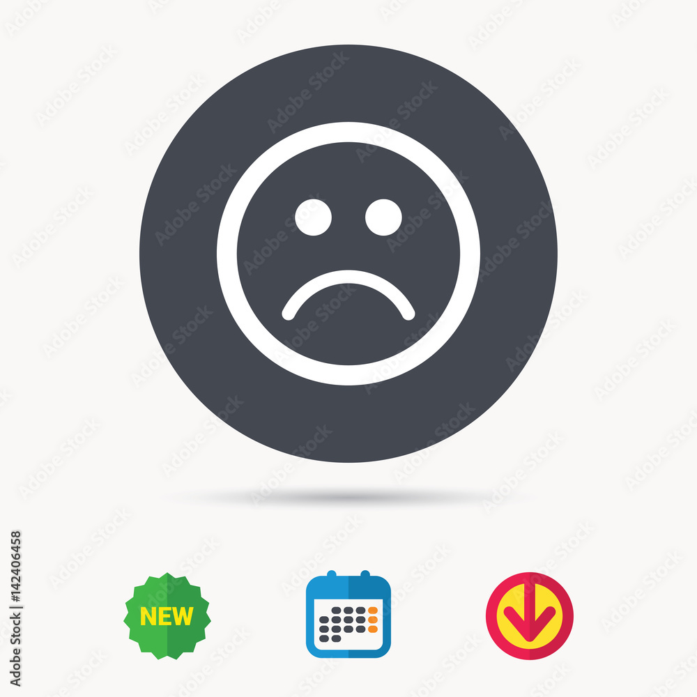 Sad smiley icon. Bad feedback symbol. Calendar, download arrow and new ...