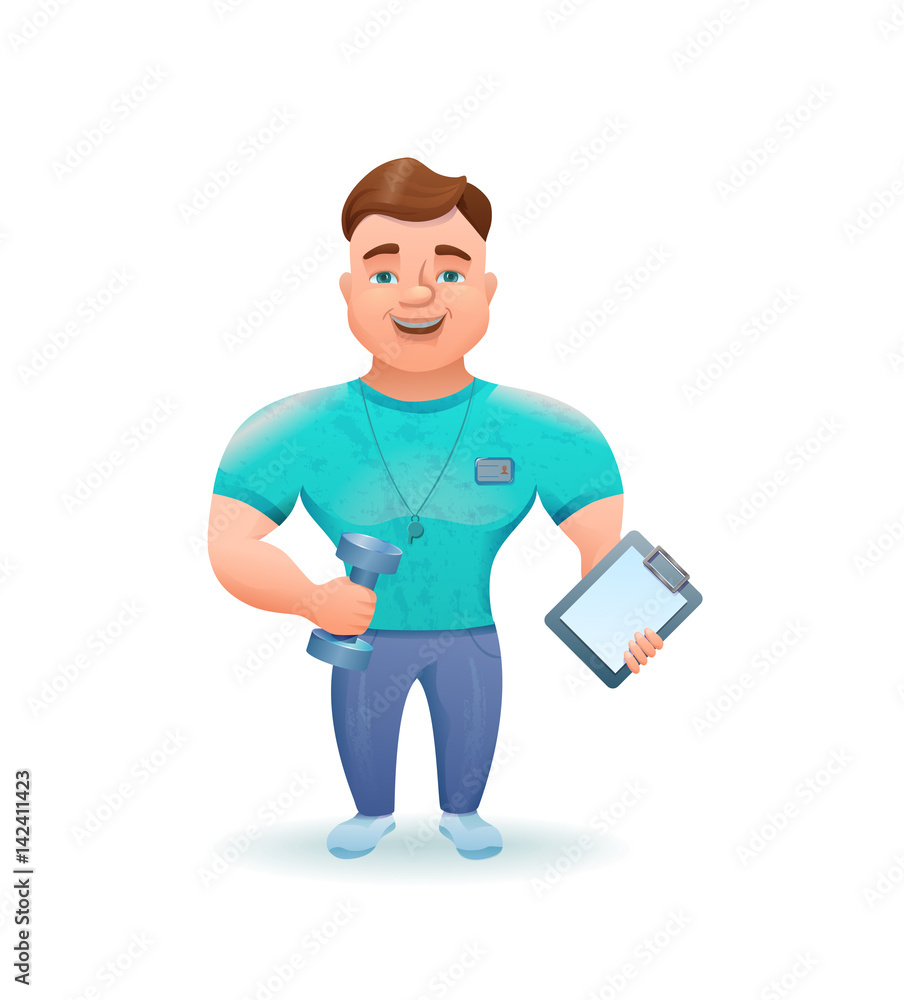 Personal fitness trainer or bodybuilder holding dumbell cartoon ...