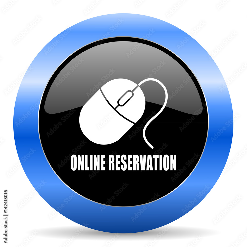Online reservation black and blue web design round internet icon with ...