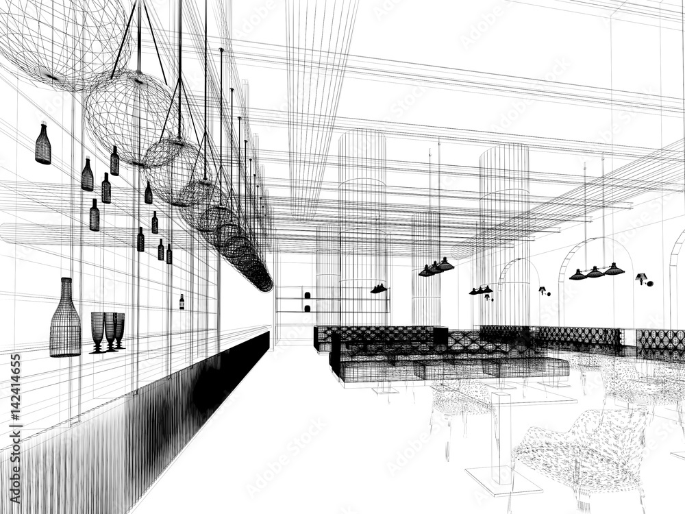 sketch design of interior restaurant, 3d rendering Stock Illustration ...