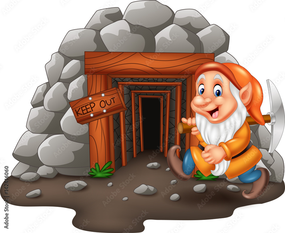 Cartoon mine entrance with dwarf miner Stock Vector | Adobe Stock