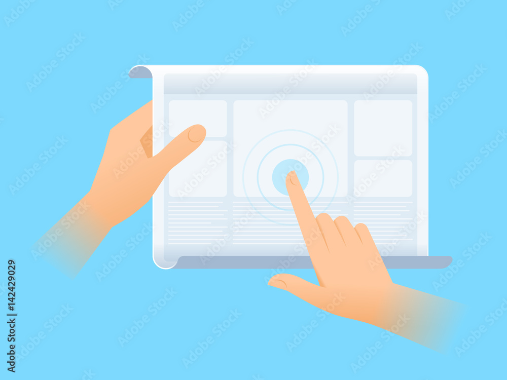Human hand is using the screen of flexible tablet computer. Flat vector ...