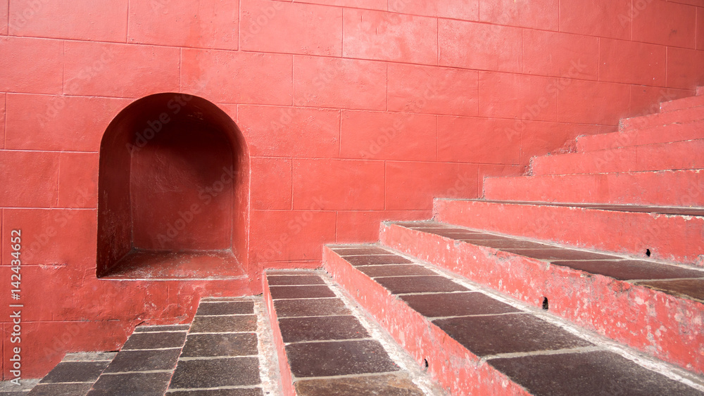 Old vintage red stone steps of Malacca Art Gallery at Dutch Square the ...