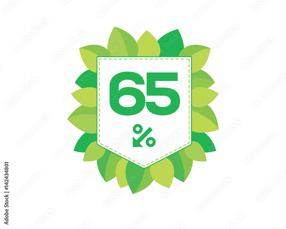 Green price tag label with 65% text designed with an arrow percent icon ...