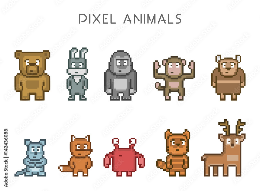 Vector set of 8 bit pixel animals Stock Vector | Adobe Stock