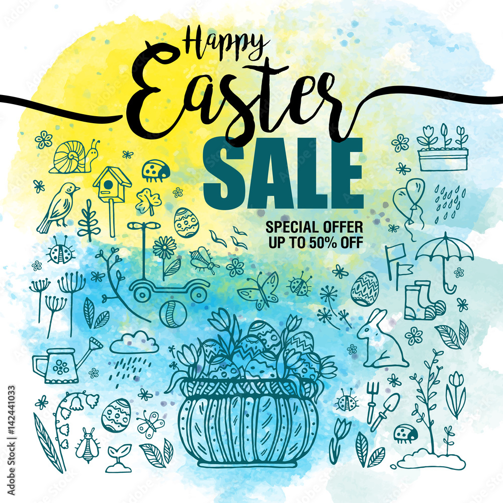 poster Happy Easter sales, set of blue icons and symbols, Basket with ...