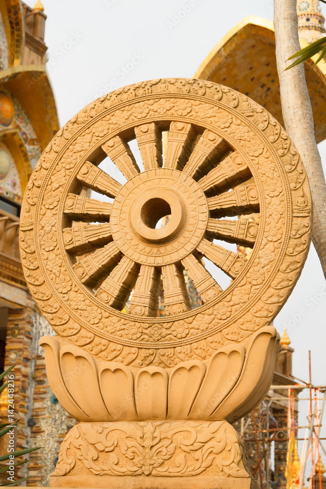 Wheel of Dharma texture or wheel of life, symbol of Buddhism. Stock ...