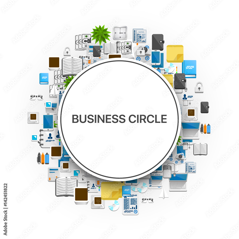 A set of colourful icons set shaped as a circle with a title Business ...