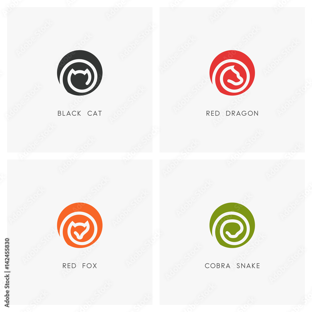 Animal logo set. Black cat, red dragon, fox and cobra snake symbols ...