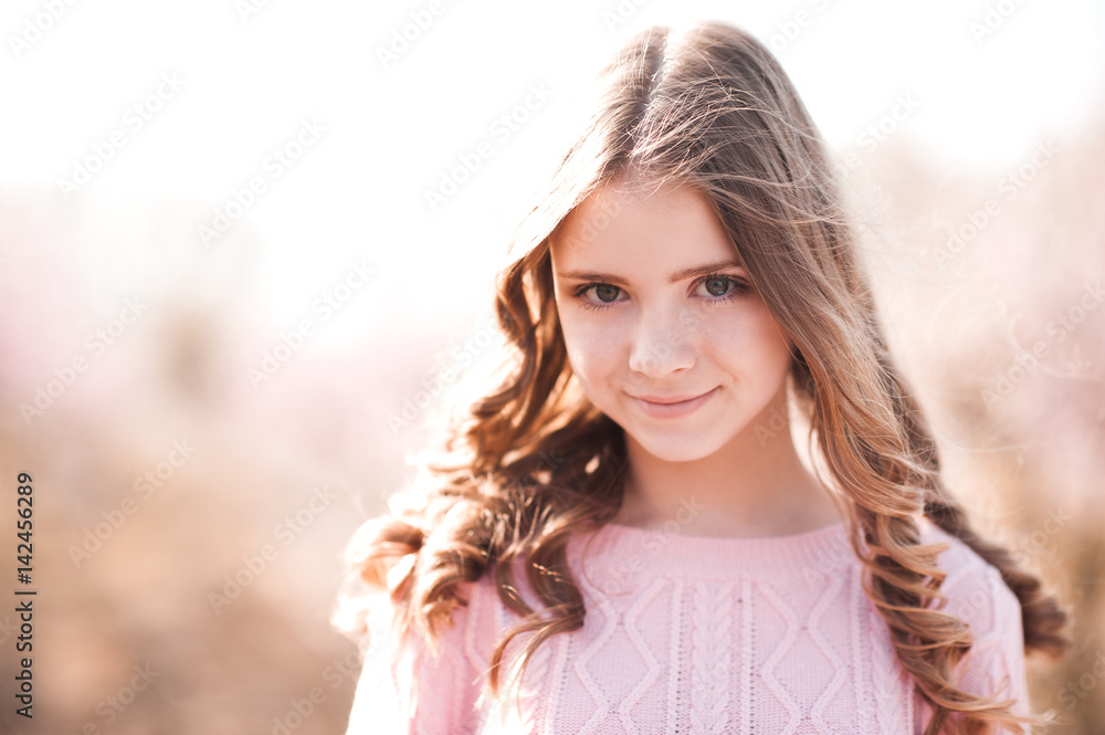 Summer portrait of teenage girl 14-16 year old with curly blonde long ...