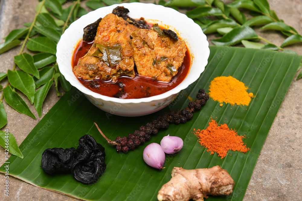 Very popular Kerala fish curry with white rice in coastal area south ...
