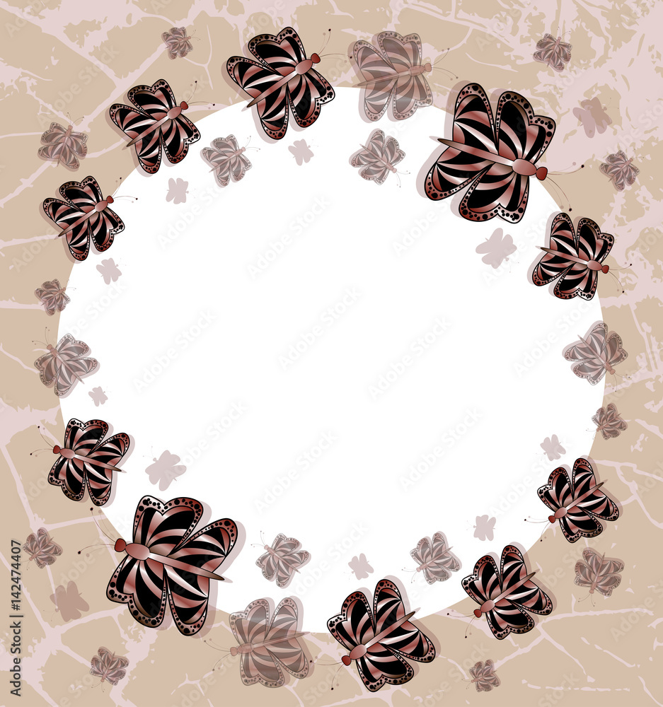 Round textured background with butterflies and place for your text ...