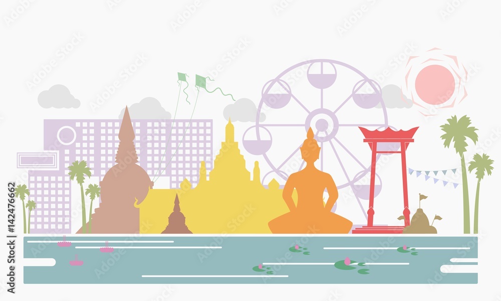 Thai Culture And Location Of Landmark In Thailand Background - Vector ...