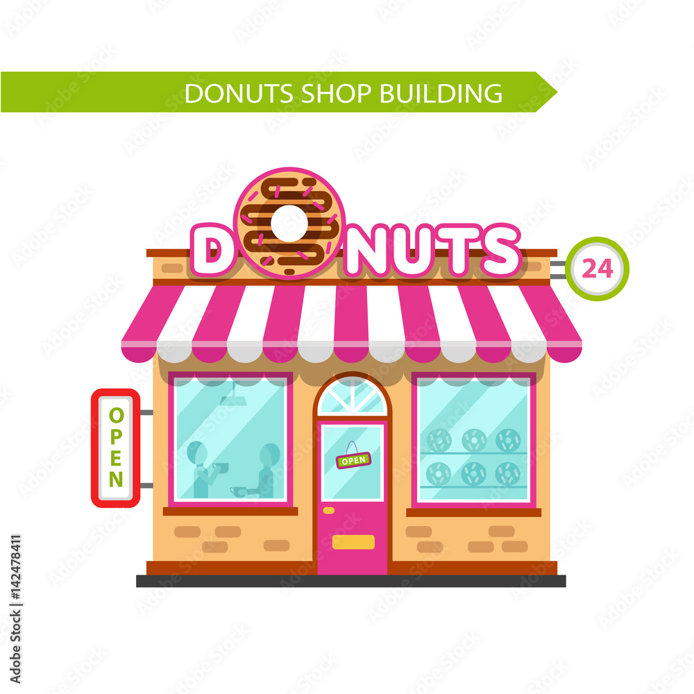 Vector flat design illustration of donuts shop building. Signboard with ...
