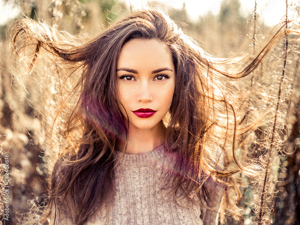 Fashion beautiful lady in autumn landscape Stock Photo | Adobe Stock