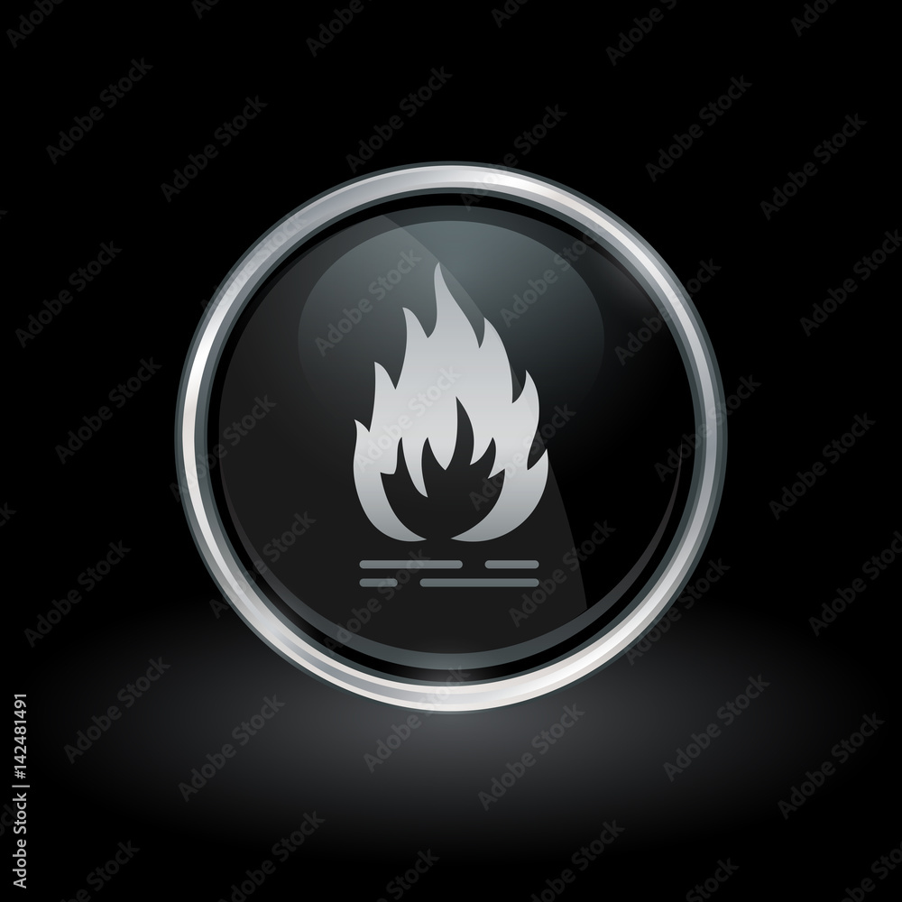 Flammable fire symbol with flame icon inside round chrome silver and black button emblem on ...